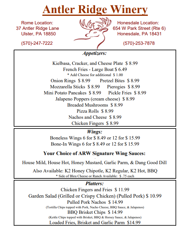 Antler Ridge Winery - Menu