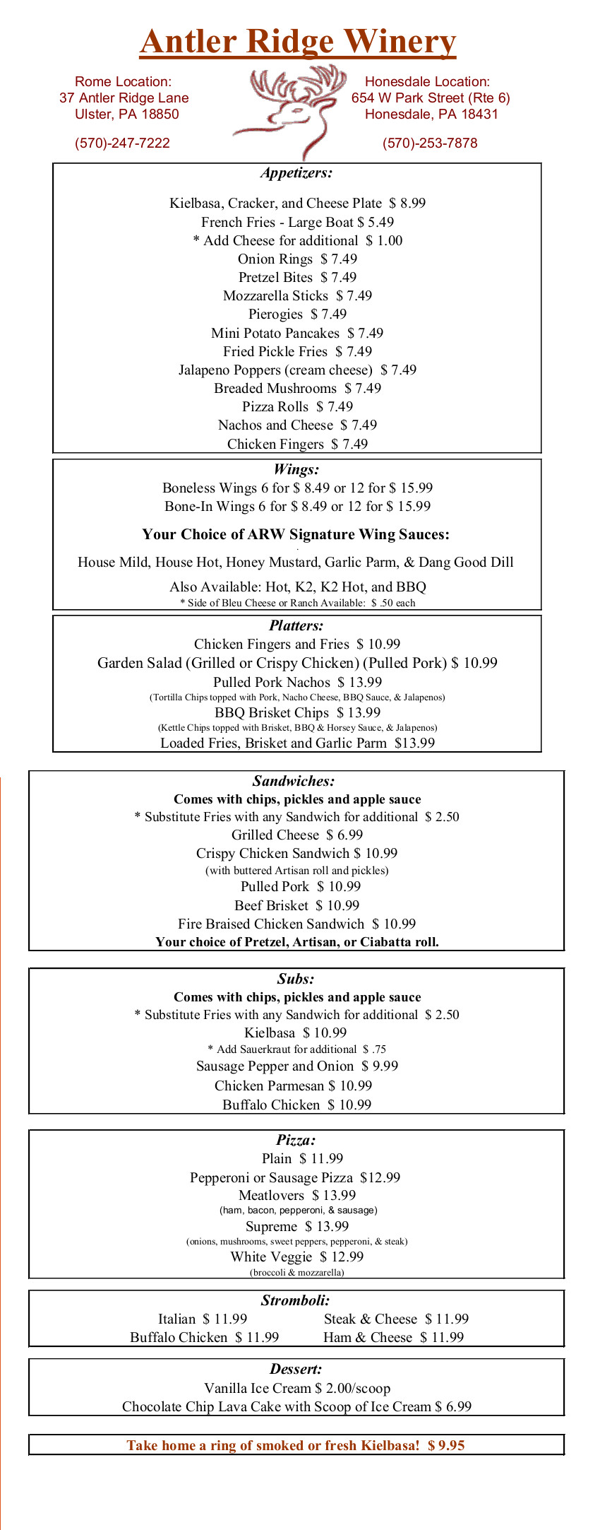 Antler Ridge Winery - Menu